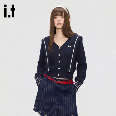i.t  GROUNDZERO海军领格纹撞色毛衣刺绣女士针织衫