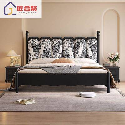 中古风黑高色全奢实软包床奶油风轻56371布艺提花婚床卧室端涟漪