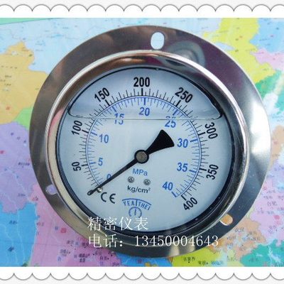 YN-100ZT,表壳不锈钢100MM轴向带边0－40MPA/400KG充油耐震压力表