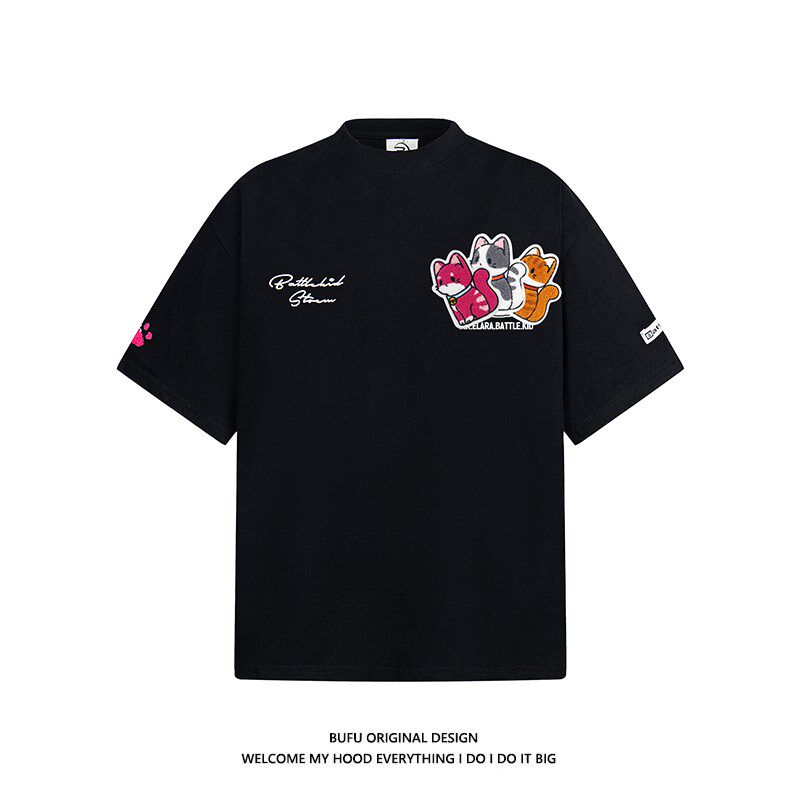 亿万少年BUFU美式复古小猫刺绣魔术贴短袖T恤男女情侣潮牌上衣tee