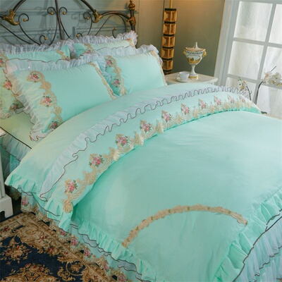 公主风床上四件套j小清新纯棉被单1.8m床裙款全棉水洗绿色蕾丝花