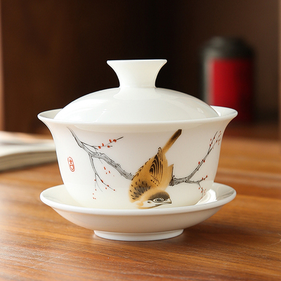 230 3c00ml大号泡茶碗盖碗花鸟图案北方三才杯碗普洱八宝茶敬茶碗