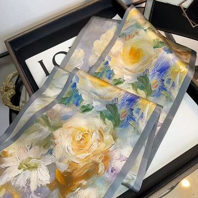 100%桑蚕丝【油画牡丹】145x16cm长飘带双层真丝丝巾女G351