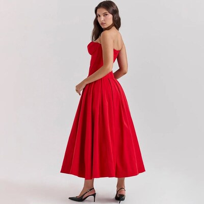 Oligai Summer Red Strapless Formal Occasion Dress Midi