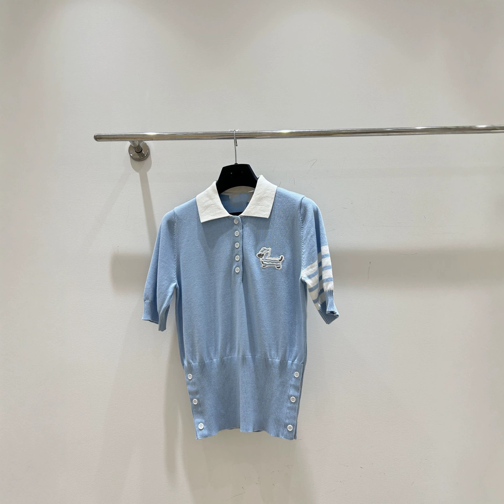 TB针织衫女款狮子狗图案四道杠POLO领撞色休闲百搭上衣短袖T恤