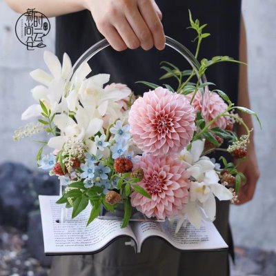 教师节书本亚克力鲜花花束手提花篮装花花盒手拎盒圆形方形小花桶