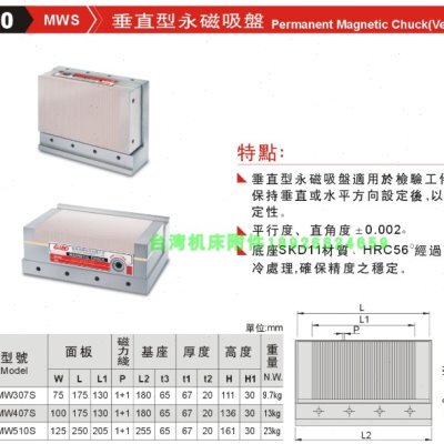 台湾精展 54070MWS 垂直型永磁吸盘MW307S MW407S MW510S