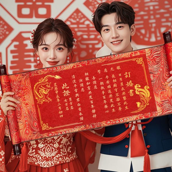 订婚书高级感婚书结婚送日子自己写新中式手卷空白中国风卷轴聘书