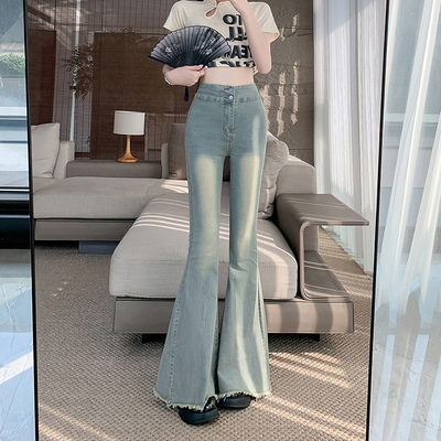 复古水洗毛边大喇叭牛仔裤女高腰阔腿裤子鱼尾裤长裤子