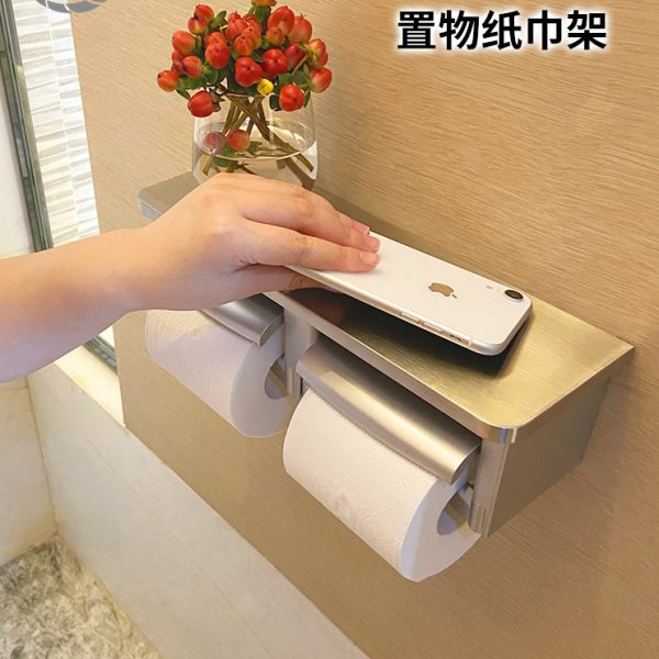 免打孔酒店纸巾架卫生间厕所防水304不锈钢双卷纸器收纳置物架盒
