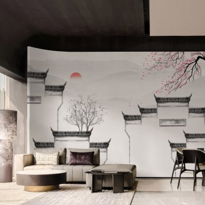 新中式电视背景墙壁纸徽派建筑墙布客厅餐厅壁画8D立体无纺布墙纸
