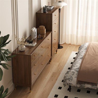 三梦实木五斗柜胡桃客厅靠墙置y物收纳柜卧室复古床尾储物抽屉柜