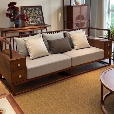 2025新款实木客厅沙发宋氏美学D北美黑胡桃木茶几组合高端罗汉床