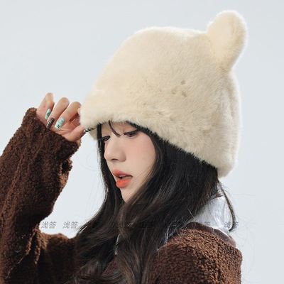 帽子女冬季可爱针织冷帽小头围毛线帽百搭护耳保暖包头毛绒堆堆帽