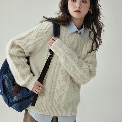 「北岛AMUU」纯色圆领宽松麻花毛衣秋冬温柔软糯加厚套头内搭上衣