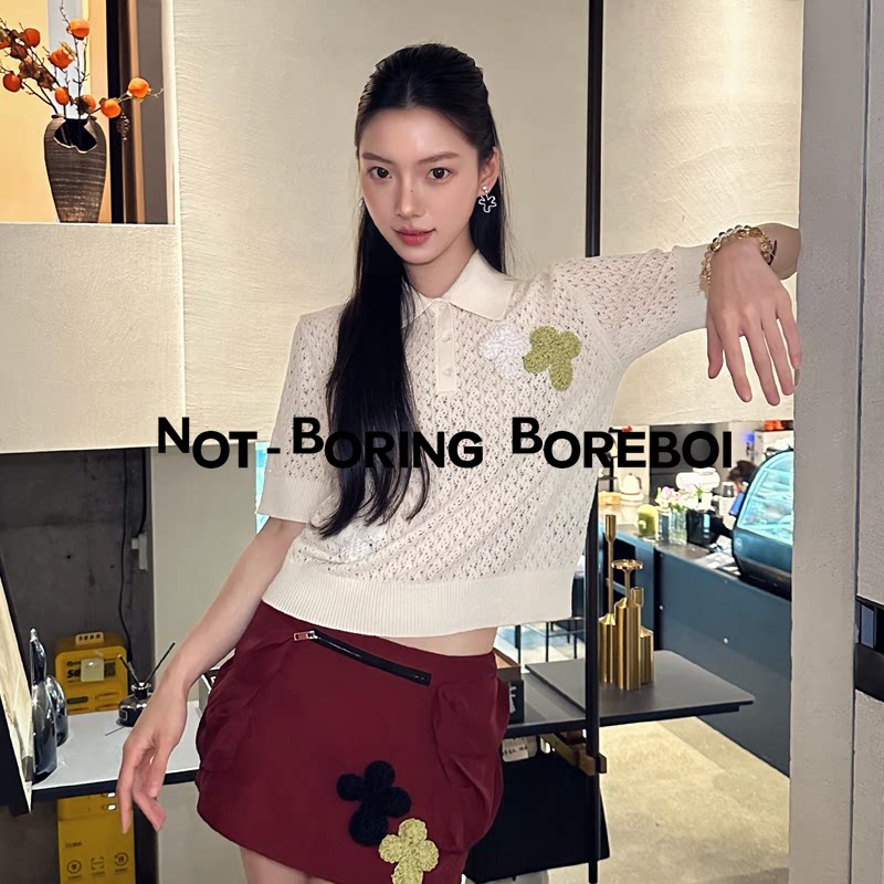 NB B丨撞色绣片羊毛羊绒桑蚕丝醋酯混纺 绞花镂空针织衫polo氧气T