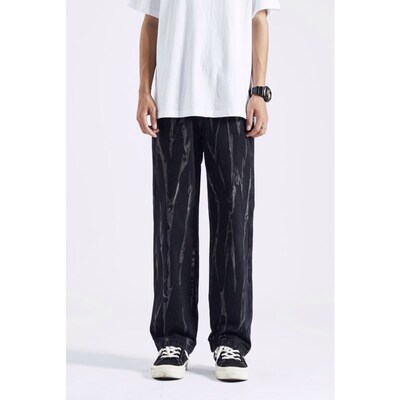 X1617 新款美式高街条纹水洗牛仔裤修身显高显瘦直筒休闲垂感裤男