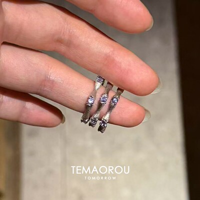 S925纯银锻光银竹节坦桑石戒指女