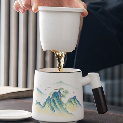 国潮茶楼陶瓷茶水分离泡茶杯过滤带盖大容量马克杯办公室
