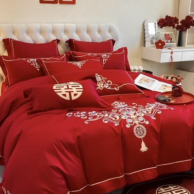 中式婚庆四件套大红色喜庆结婚纯棉被套婚房喜被陪嫁六件床上用品