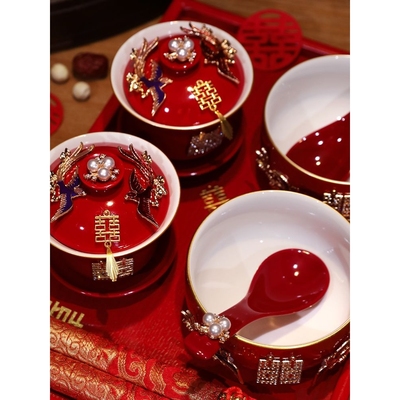 敬茶杯套装结婚用品大全婚礼改口茶具红碗筷女方陪嫁喜碗对碗杯子