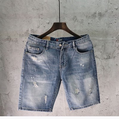 简约潮牌男士夏装牛仔五分中裤破洞帅气休闲短裤浅蓝色潮流小伙男