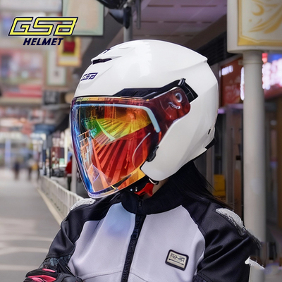 gsb头盔263摩托车半盔男女机车白色骑士安全防晒双镜片四分之三盔
