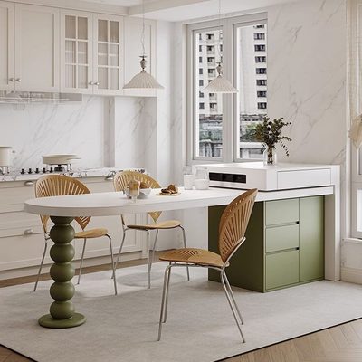 岛台餐桌法式轻奢可伸缩一体网红款家用小户型圆弧岛台岩板餐桌椅