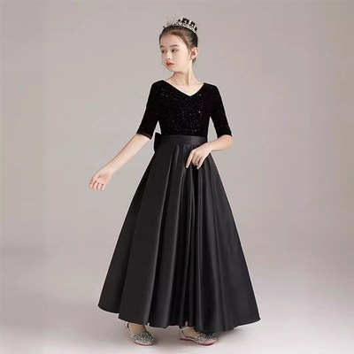 女童黑色V领钢琴礼服演出服公主裙儿童管弦乐团中袖缎面舞台装长