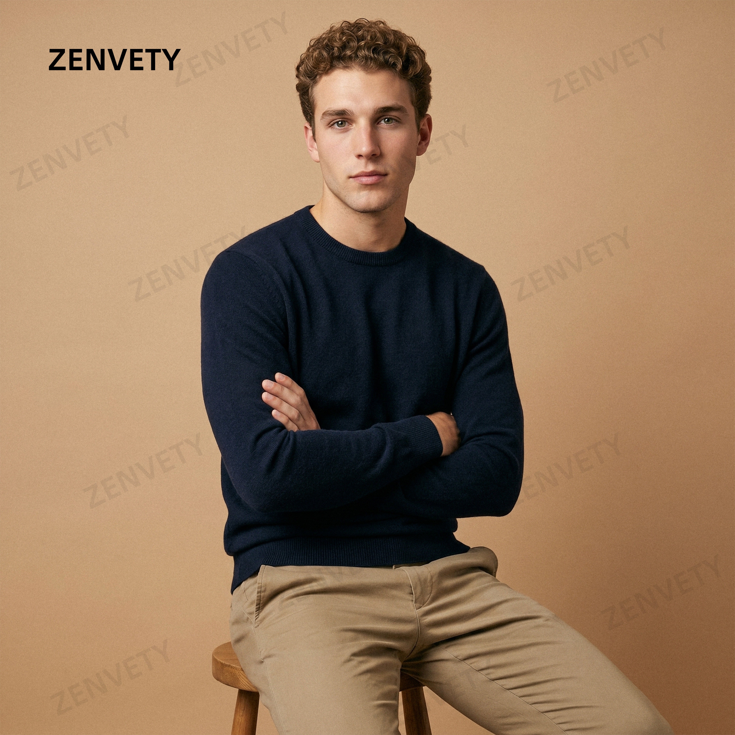 ZENVETY康赛妮高端羊绒男装秋冬新款圆领商务百搭男款混纺毛衣