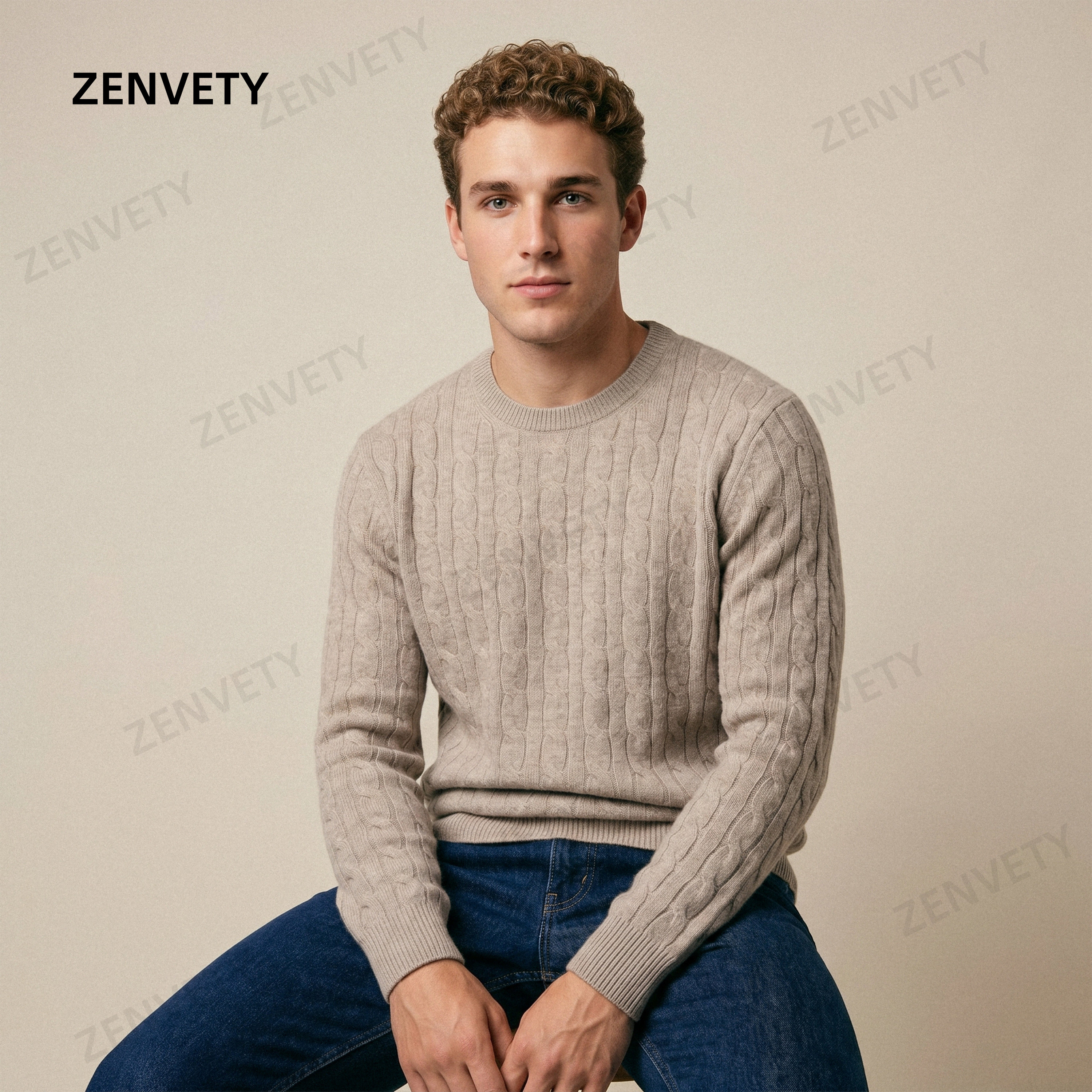 ZENVETY康赛妮羊绒衫男装基础百搭款扭花混纺针织衫圆领休闲秋冬