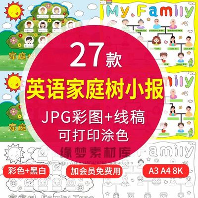 .family tree家庭树英文儿童画手抄报模板小学年级家人横竖版小报