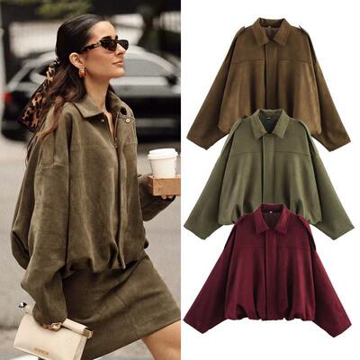 Women's Faux Suede Bomber Jacket Casual Lapel Pilot Cropped