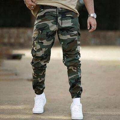 Men's Regular Fit Camo Print Patched Drawstring Cargo Pants