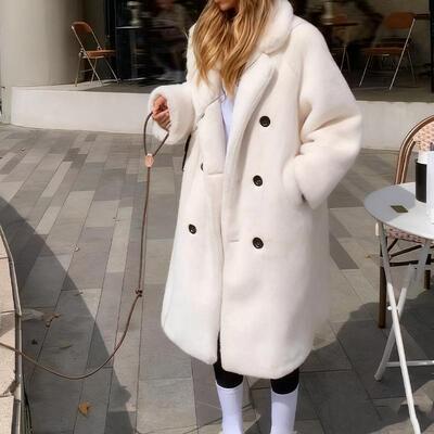 Vegan Faux Fur Long Coat Double Breasted Plush Winter