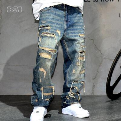 Mens Ripped Baggy Jeans Distressed Skateboard Pants