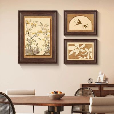 中古风餐厅装饰画美式客厅大白墙挂画复古高级感卧室斗柜三联壁画