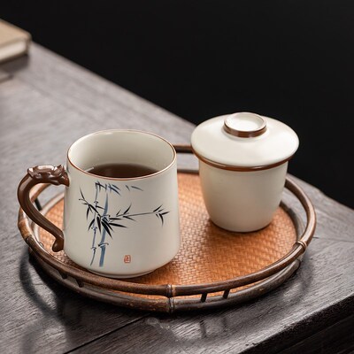 道子汝窑手绘泡茶杯茶水分离带盖过滤家用办公室领导茶善杯简陶瓷