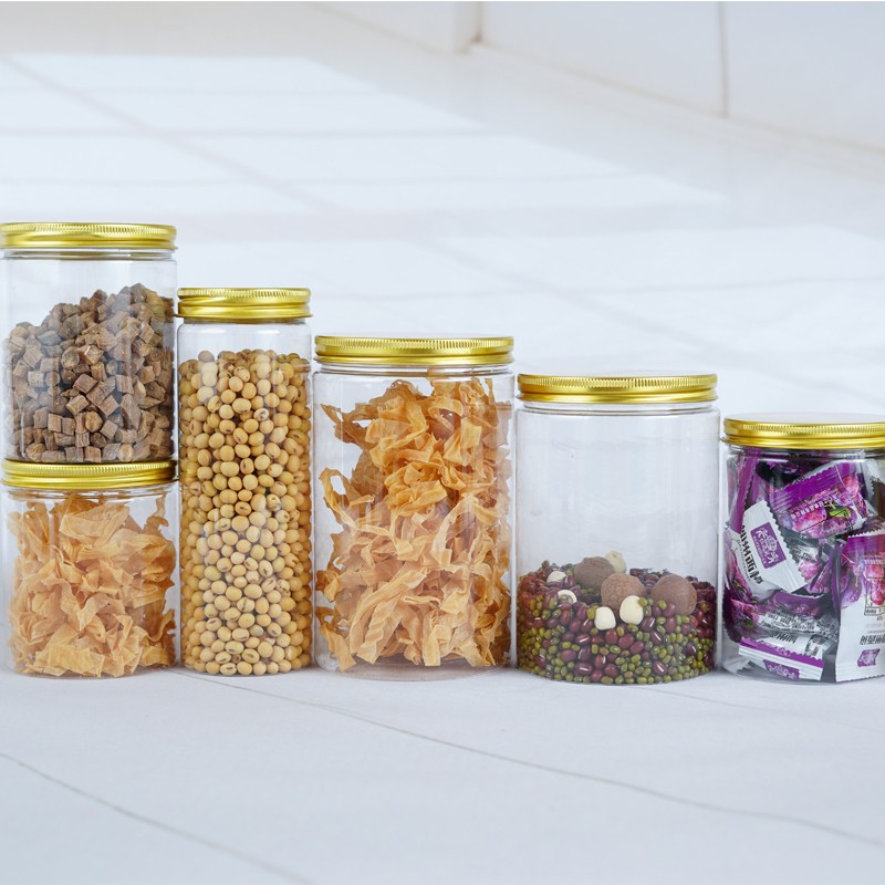 金色铝盖透明食品级塑料瓶五塑杂粮包装瓶子广口厚加密封罐谷料桶