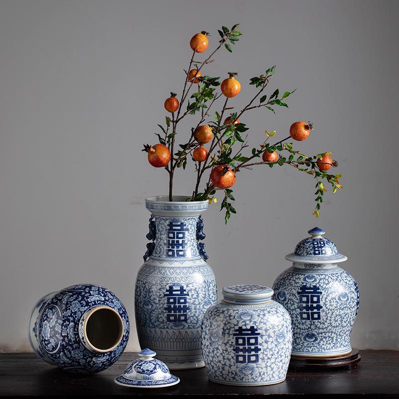 景德镇青花喜字花瓶 家居客厅青花瓷装饰品 插花瓷器中式陶瓷摆件