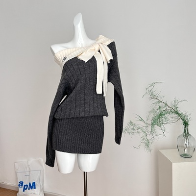 Moster Timnothy原创一字肩蝴蝶结厚款连衣裙氛围感针织长袖毛衣
