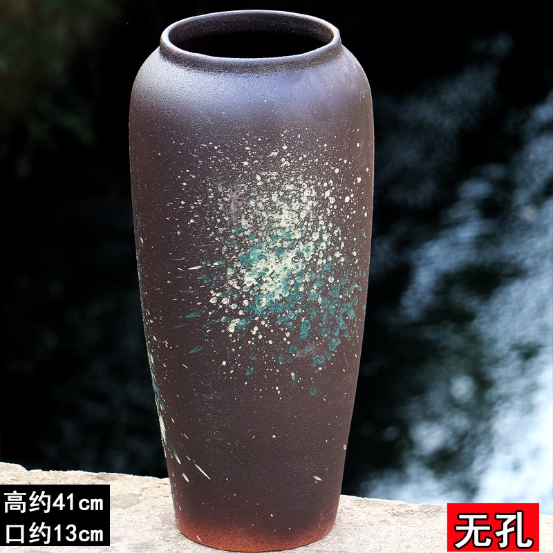 无孔水培器皿流水花装摆件复古中式瓶饰花盆室内粗陶器插花罐特高