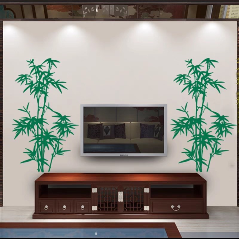 竹植图案国艺玻璃墙贴画 画橱窗装饰中文风绿色子物店面踢脚板贴