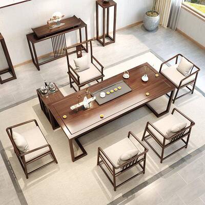 新式实木茶桌全套原中木大桌办公板室茶几禅意茶桌椅组体合一DWE