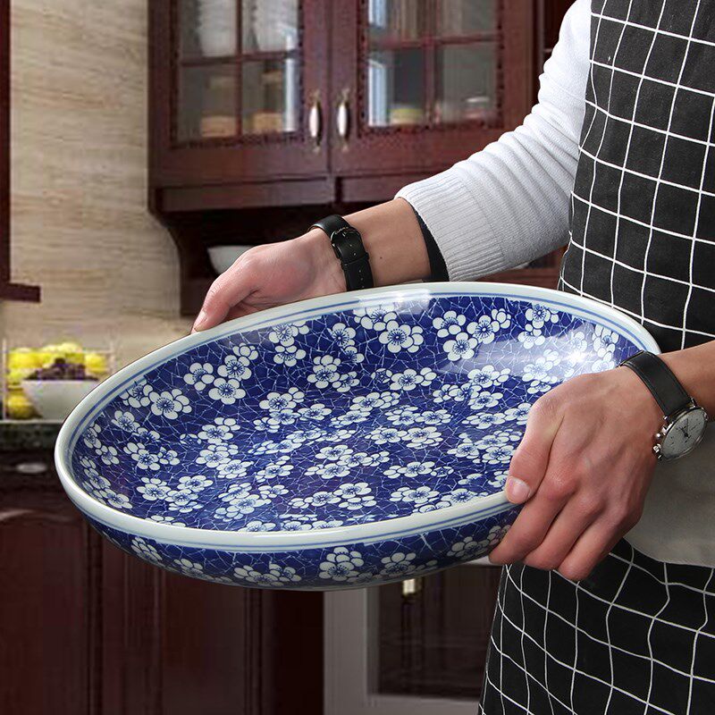 大盘头剁椒鱼鸡6用盘子家用超大特大陶瓷餐具菜盘1专寸14寸青花瓷