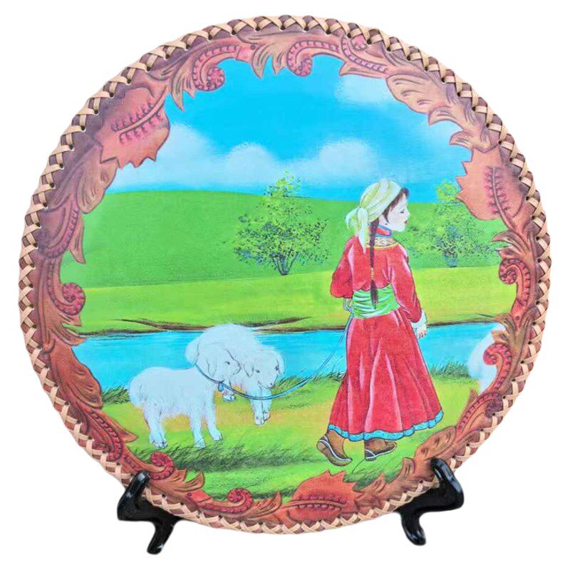 内蒙古特色工艺品圆形摆台皮画古面摆件蒙桌饰民族元素装包礼品画