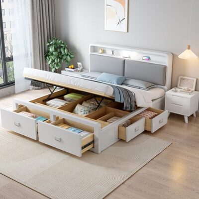 北欧实木1.8m单双人白色1.35m小户型气压高箱储物1.2米抽屉收纳床