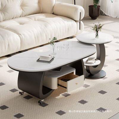 轻奢现代椭圆形客岩板厅家用高MUP级感小边户型茶简约高端可几移