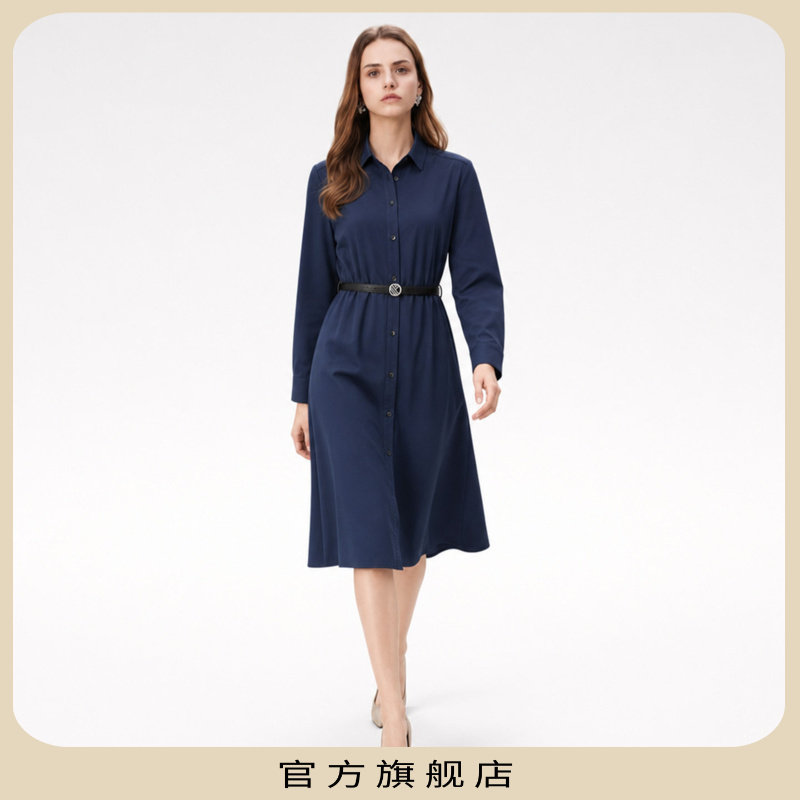 KLOVA柯罗芭26秋新品时尚商务风日蚀蓝H型长袖连衣裙LI7251(UN)