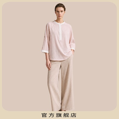 【KLOVA】夏季粉色文艺撞色棉感七分袖衬衫CW6296(UN)